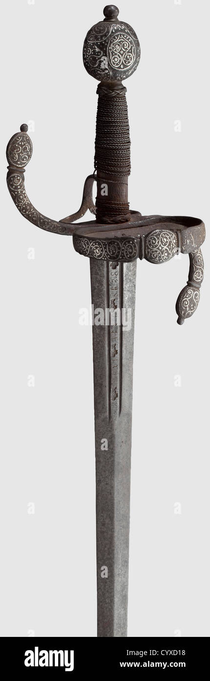 A German silver-inlaid campaign sword,circa 1630/40 Ridged,double-edged ...