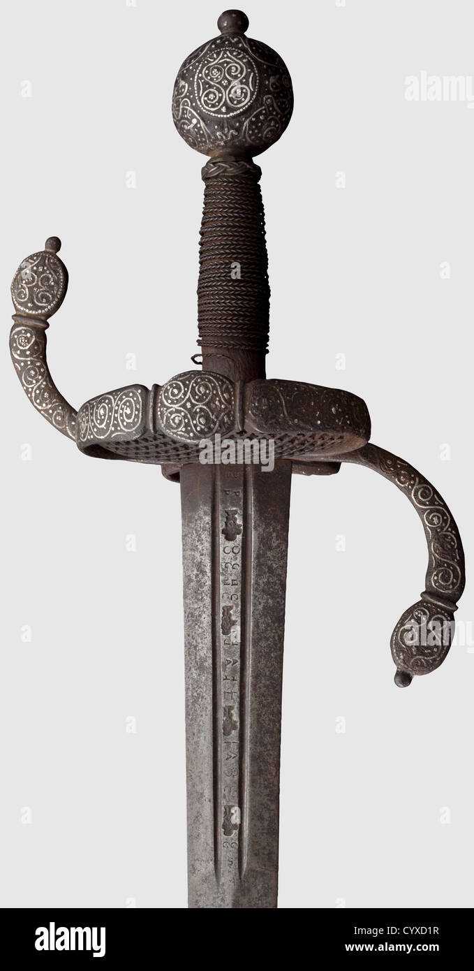A German silver-inlaid campaign sword,circa 1630/40 Ridged,double-edged ...
