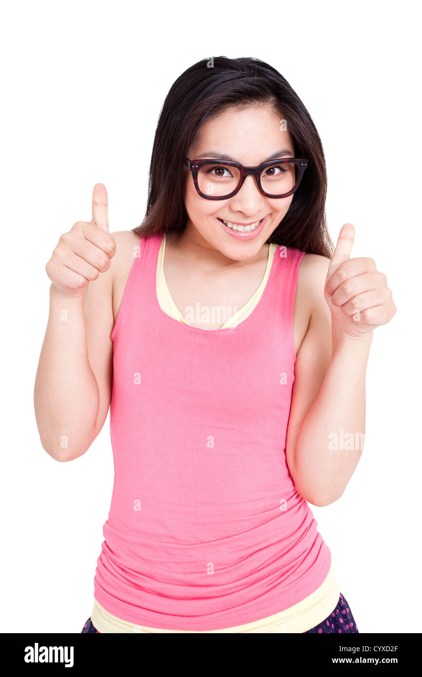 Amiable young woman doing thumbs up Stock Photo - Alamy