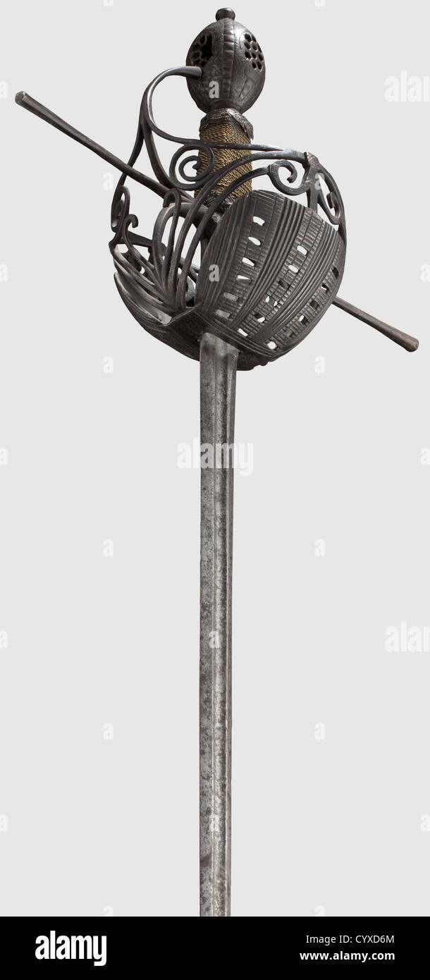 A Spanish cup-hilt rapier,mid 17th century Double-edged blade with long ...