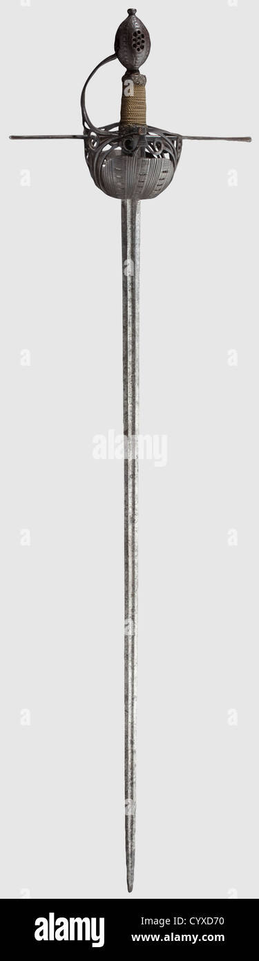 A Spanish cup-hilt rapier,mid 17th century Double-edged blade with long ...