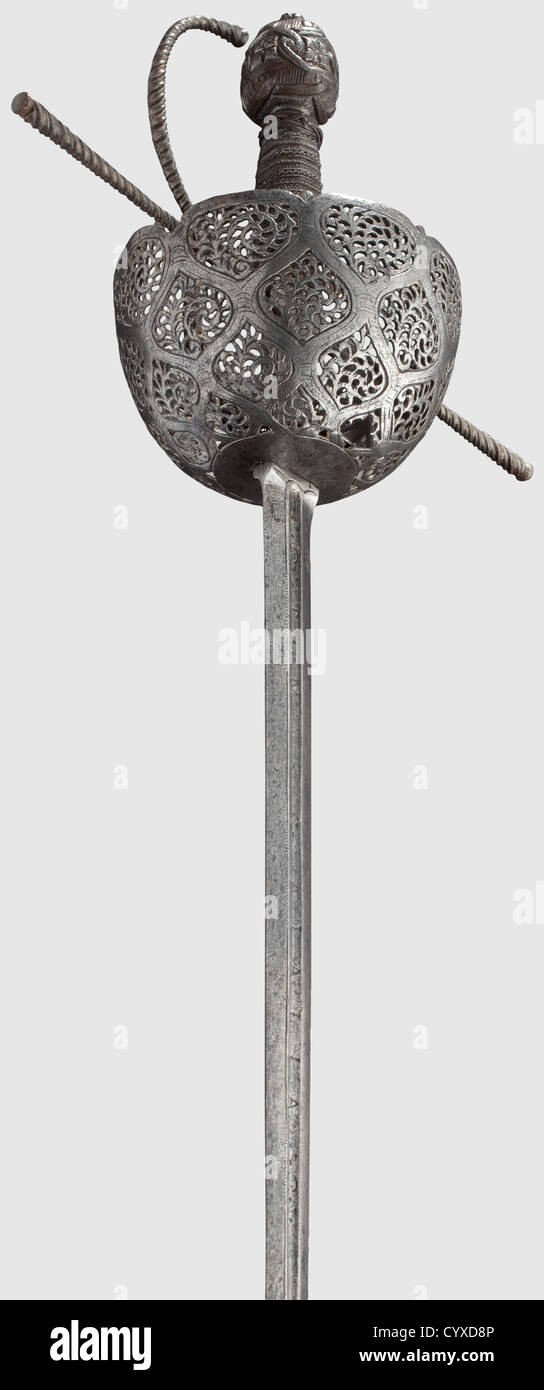 A Spanish chiselled cup-hilt rapier,circa 1660/70 Sturdy(earlier)blade ...