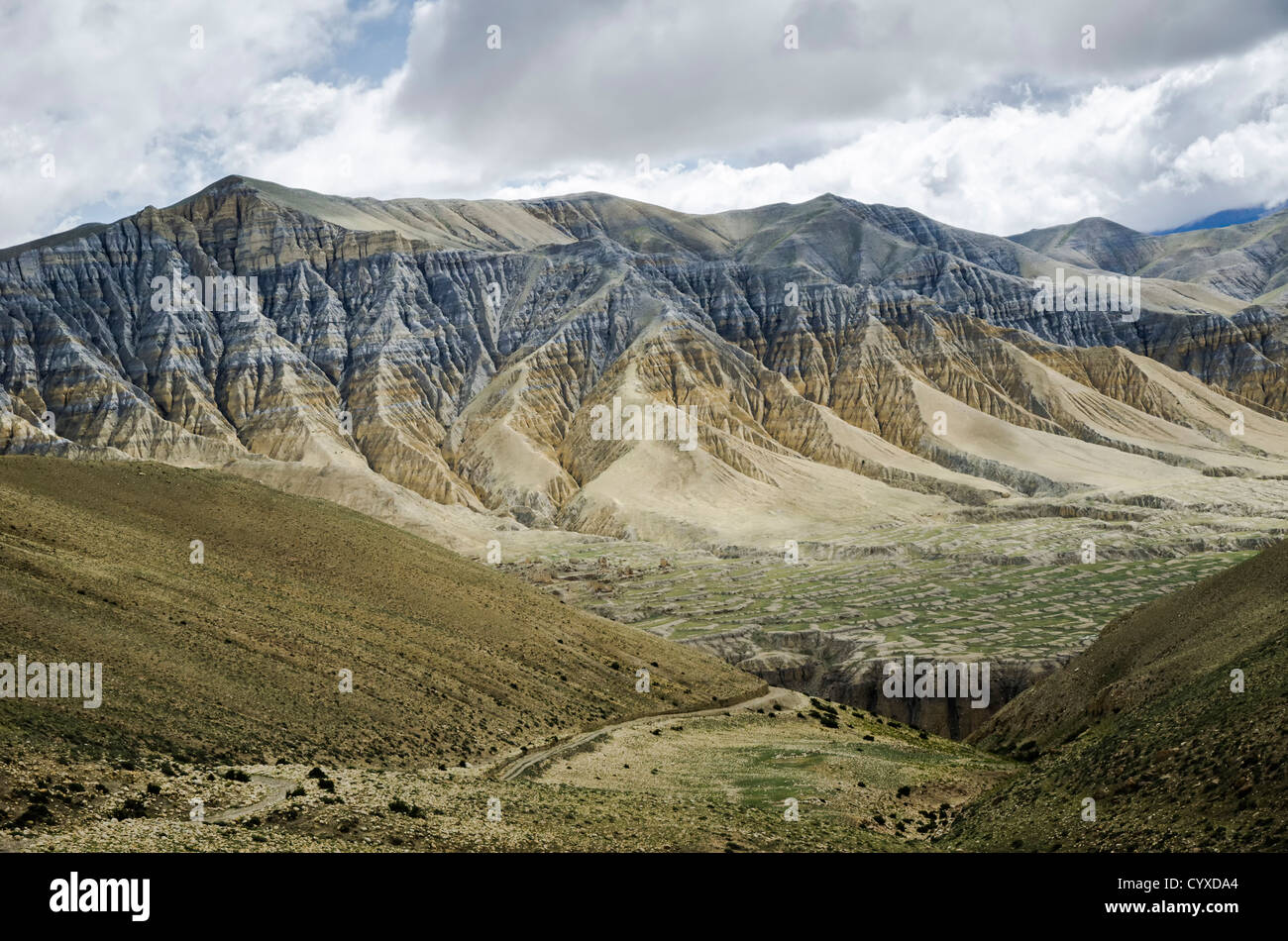 Layered mountain structure near Lo Manthang city Asia Asian Cliffs Drop ...