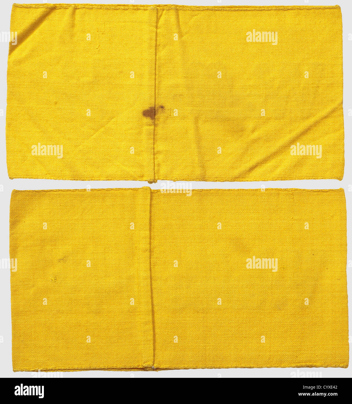 Two armbands "Waffen-SS", yellow cloth with black woven lettering, worn ...