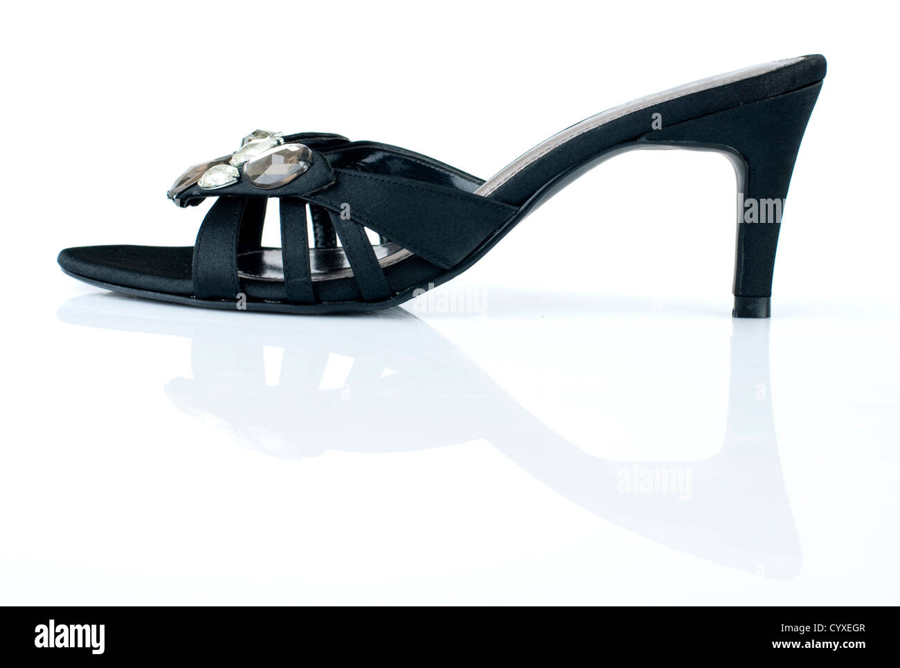 Side view high heel black female shoes isolated on white background ...