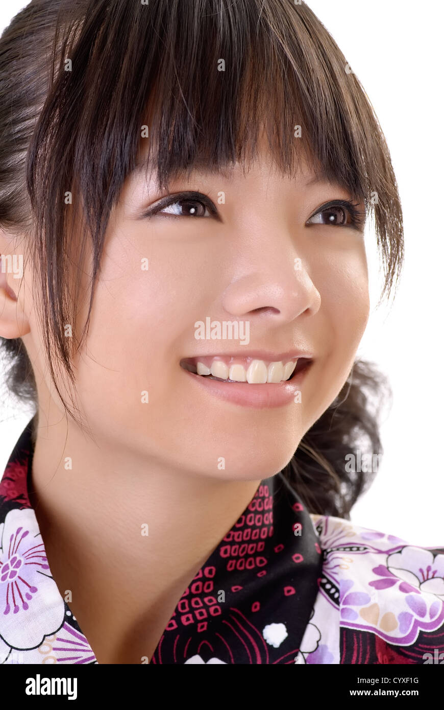 Smiling japanese girl face, closeup portrait of Asian woman in traditional clothes Stock Photo ...