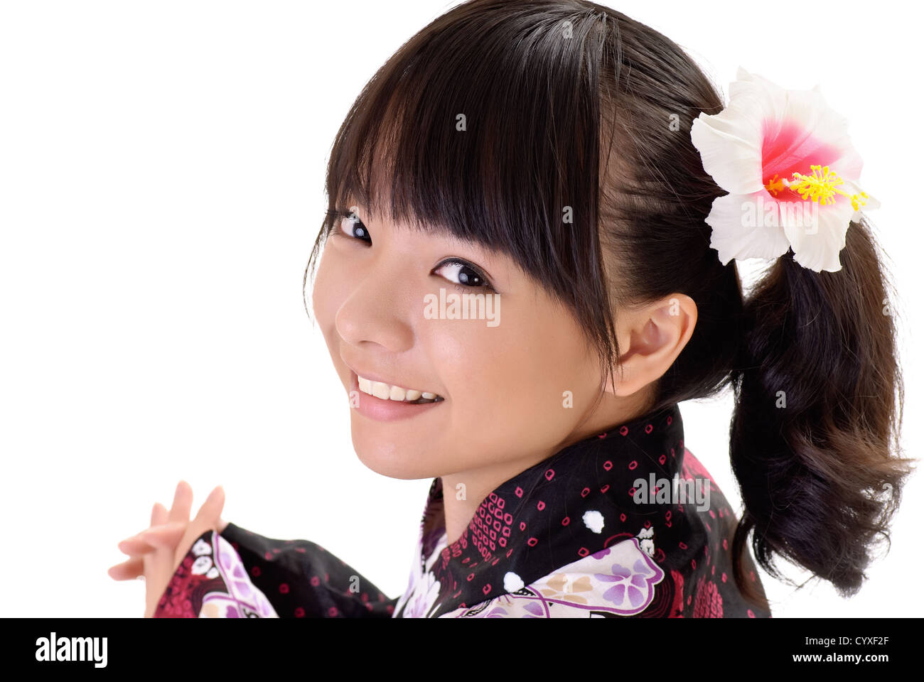 Happy japanese girl with smiling face, closeup portrait on white ...