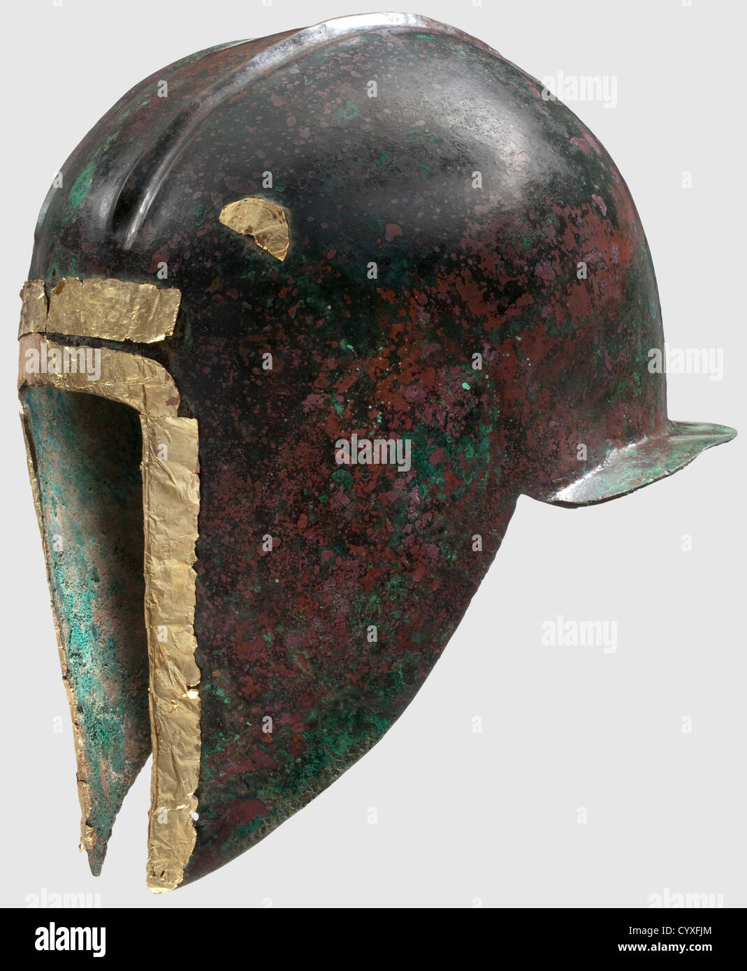 An Illyrian helmet with gold trim,6th - 5th century BC.Bronze with high quality greenish patina ...