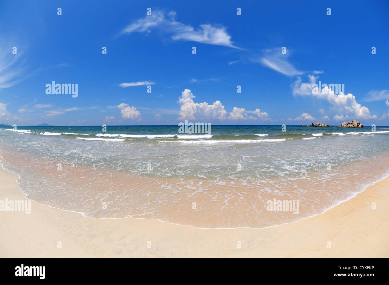 Tropical Beach with wide angle fisheye view Stock Photo - Alamy