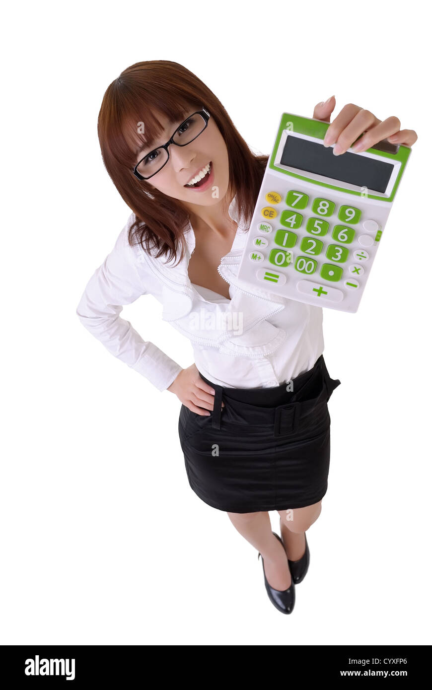Happy smiling secretary holding calculator machine, full length ...