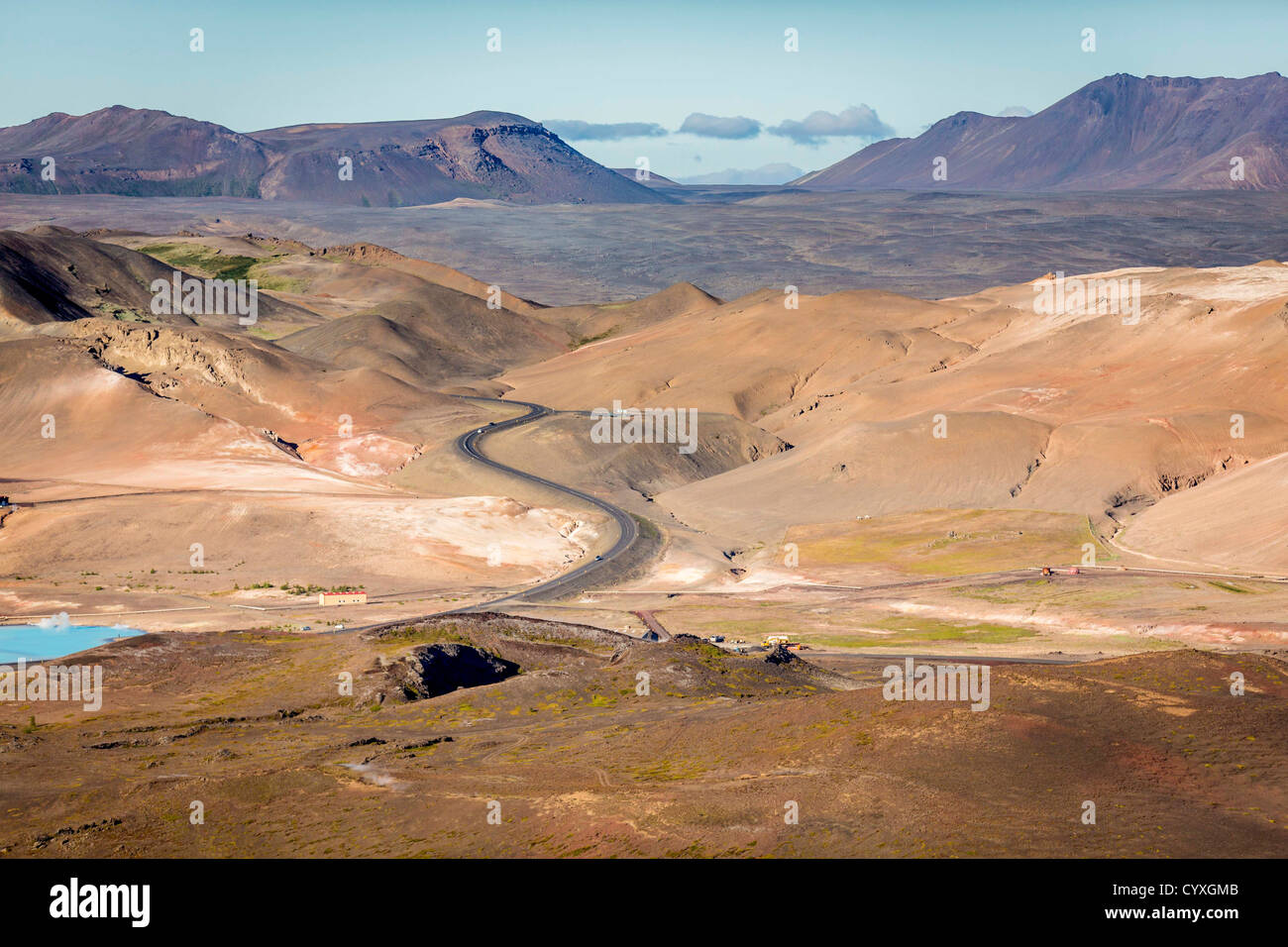 Aerial of road and mountains. Namaskard- Geothermal Volcanic area ...