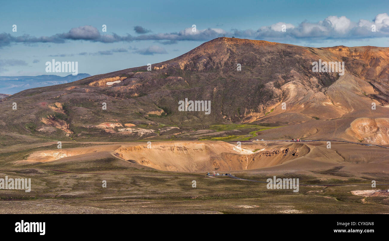Aerial of Viti an explosion crater and steaming bore hole Northern ...