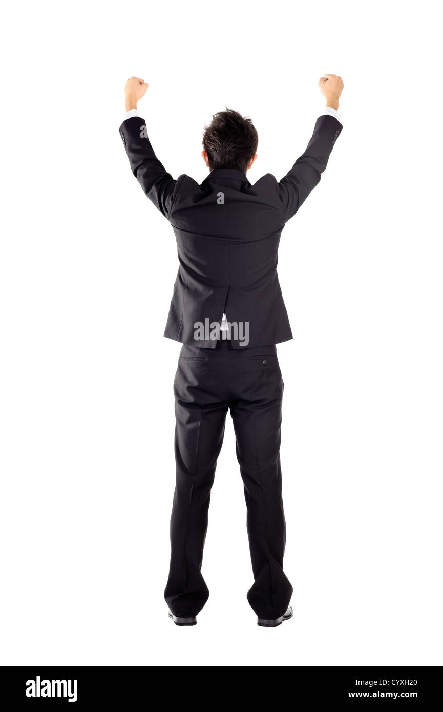 Successful business man raising hand, isolated on white Stock Photo - Alamy