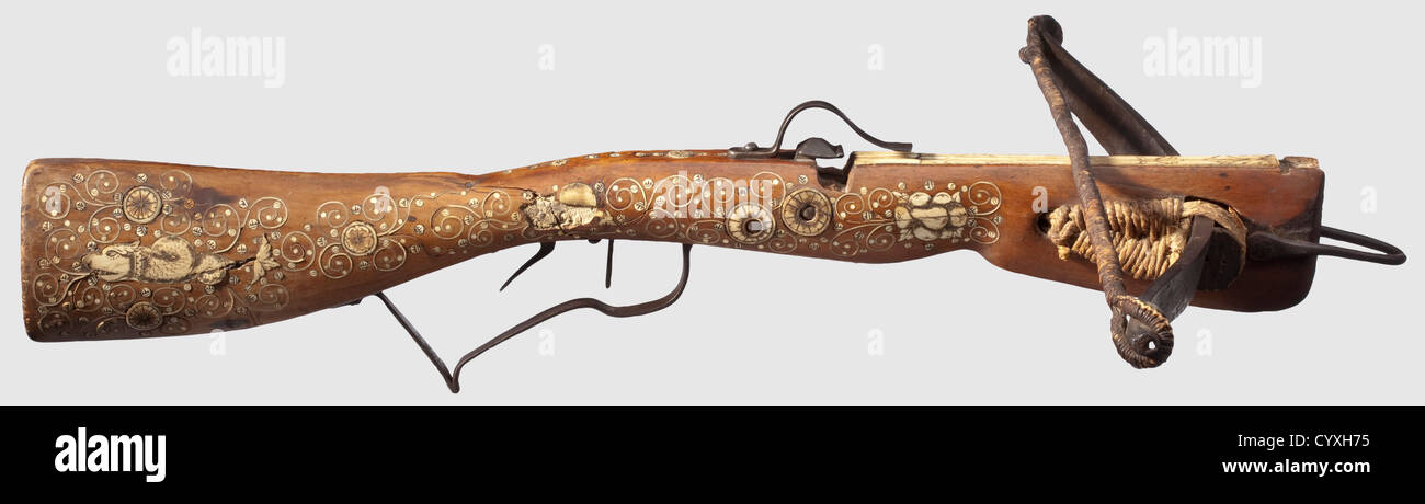 A Bohemian bone crossbow,circa 1730 Forged steel prod with suspension ...