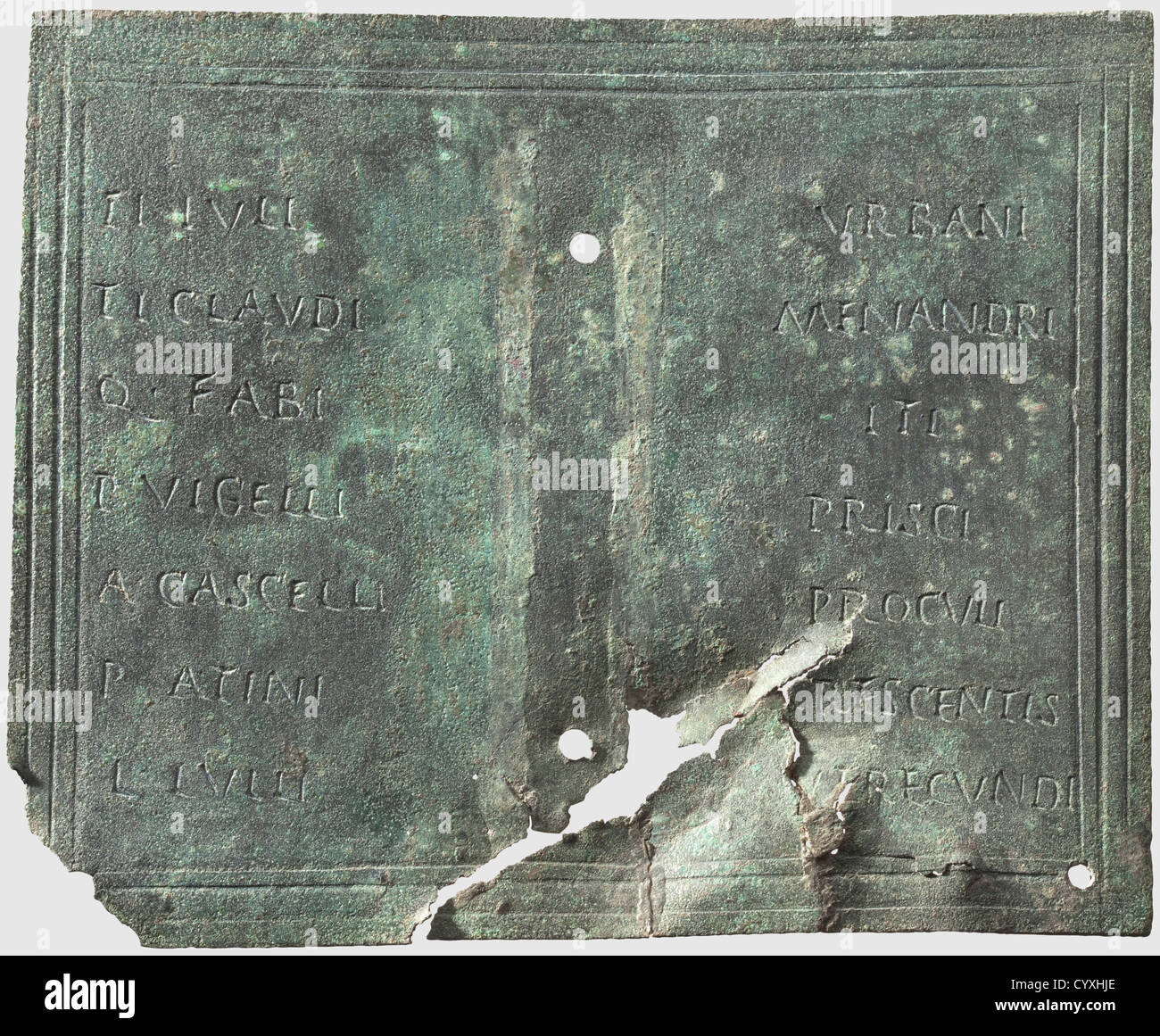 A piece of a Roman military diploma, 1st/2nd century AD. Bronze with a ...