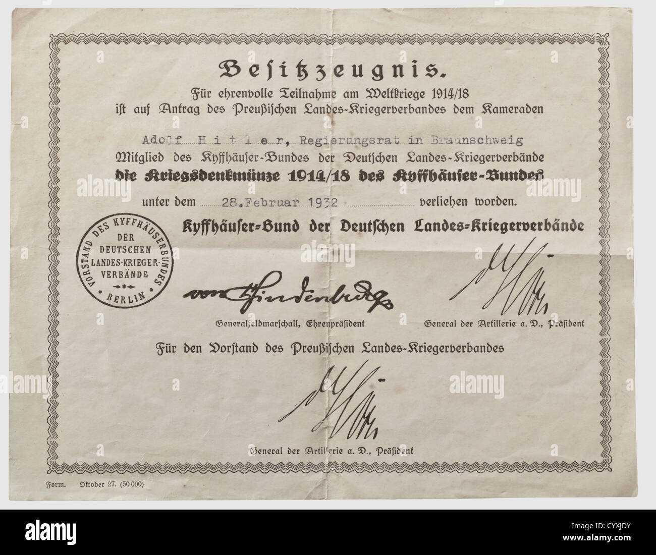 Adolf Hitler,a possession document for War Memorial Medal of Kyffhäuser ...