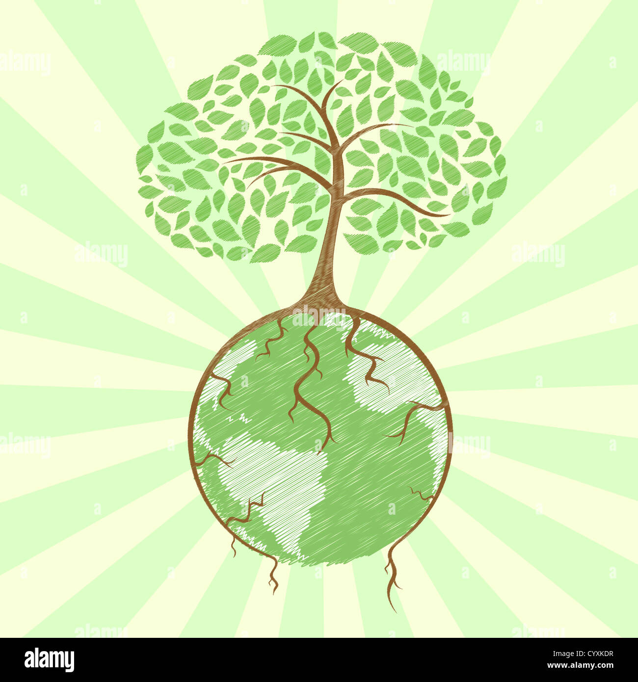 illustration of tree holding globe with its roots on sunburst ...