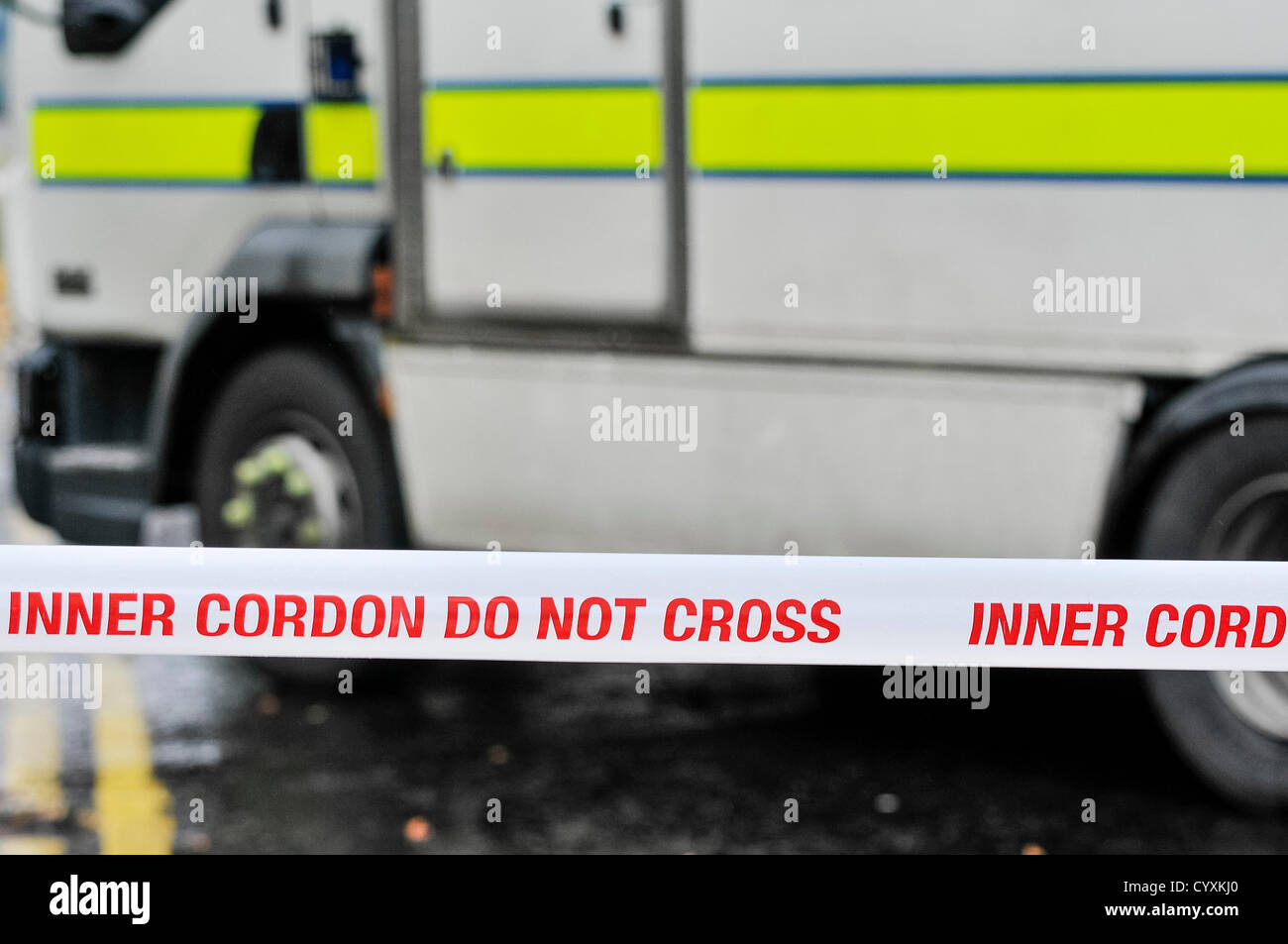 "Inner Cordon" tape around a security alert in Belfast with British ...