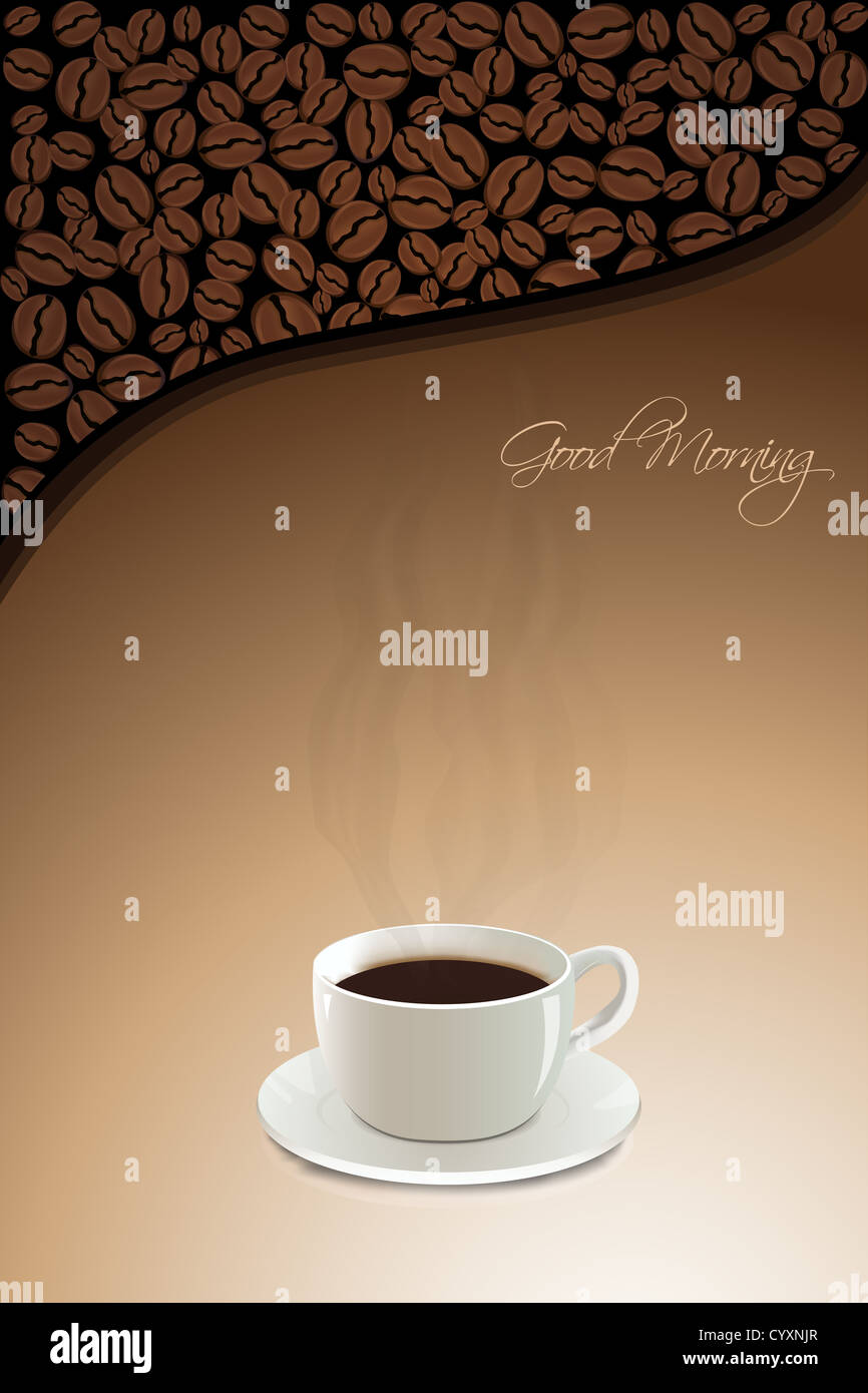illustration of hot coffee with coffee beans and good morning text ...