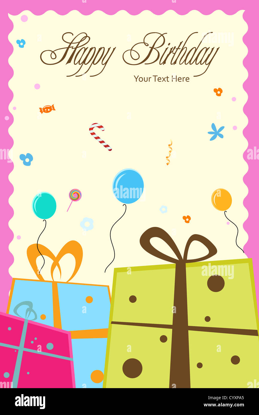 illustration of birthday card with gift boxes,balloons and happy ...