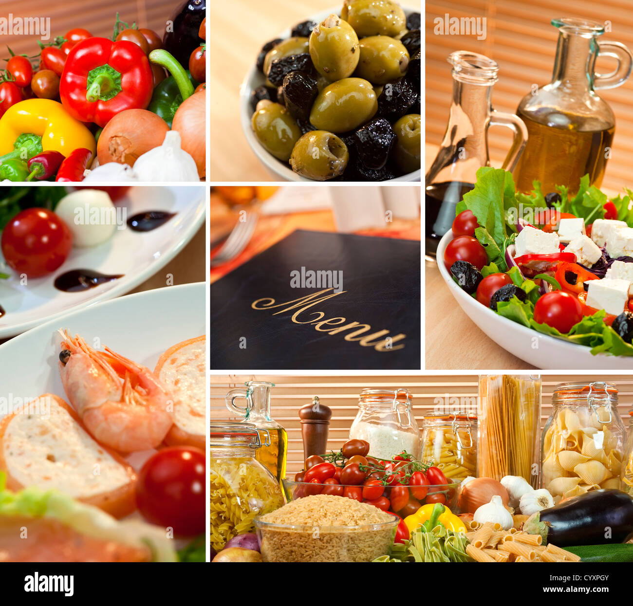 Healthy Colorful Italian Mediterranean Food and Menu Montage Stock ...