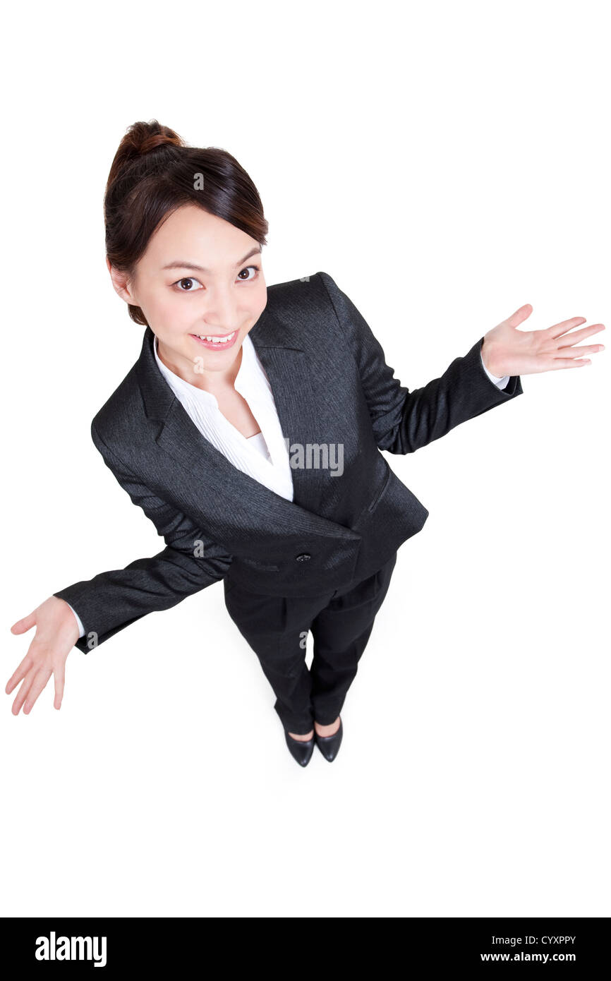 Happy office lady shrugging Stock Photo - Alamy