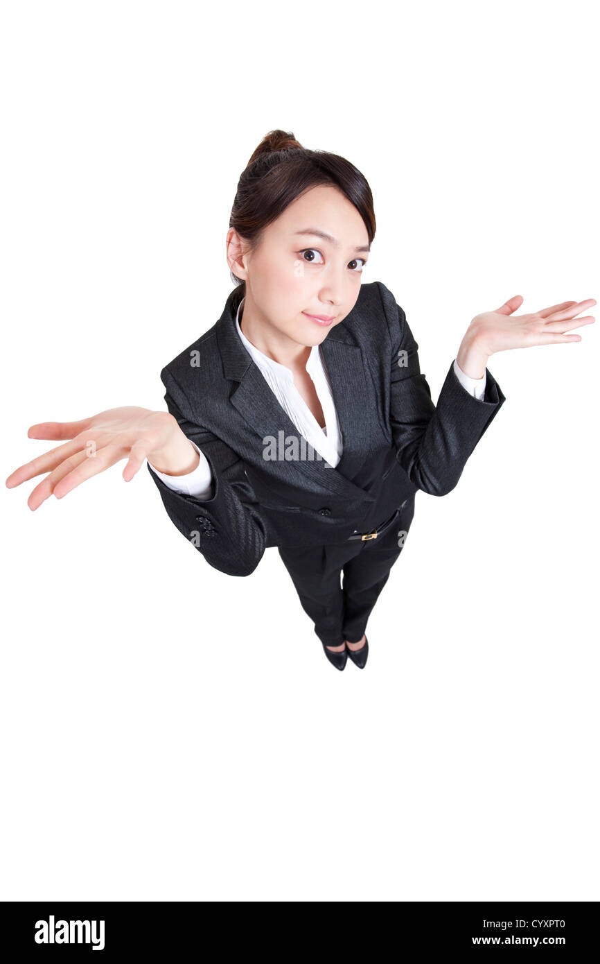 Cheerful office lady shrugging Stock Photo - Alamy