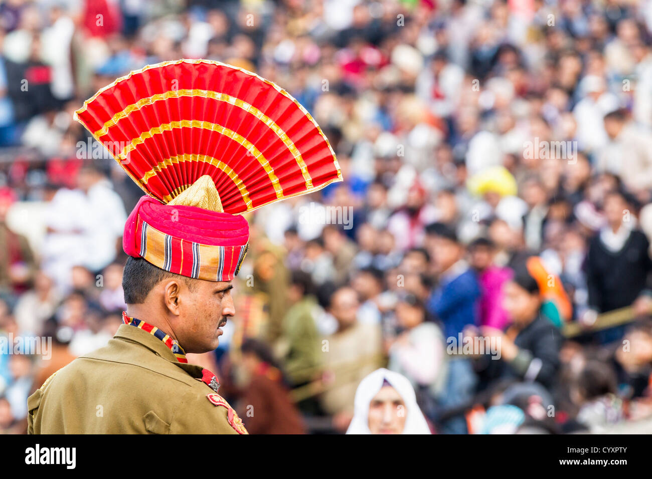 India, Punjab, Amritsar, People at flag lowering ceremony in Wagah ...