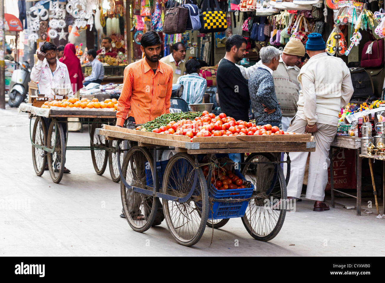 India, Uttarakhand, Haridwar, Vendor pushing vegetables trolley in ...