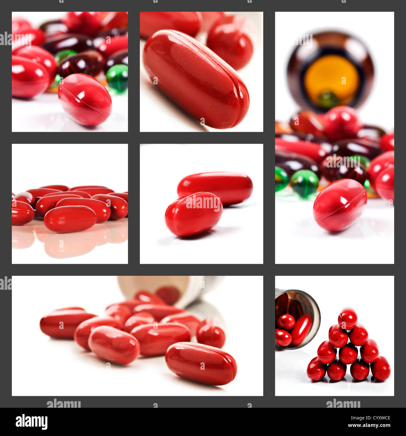 Collage of a variety of red pills on a white background Stock Photo - Alamy