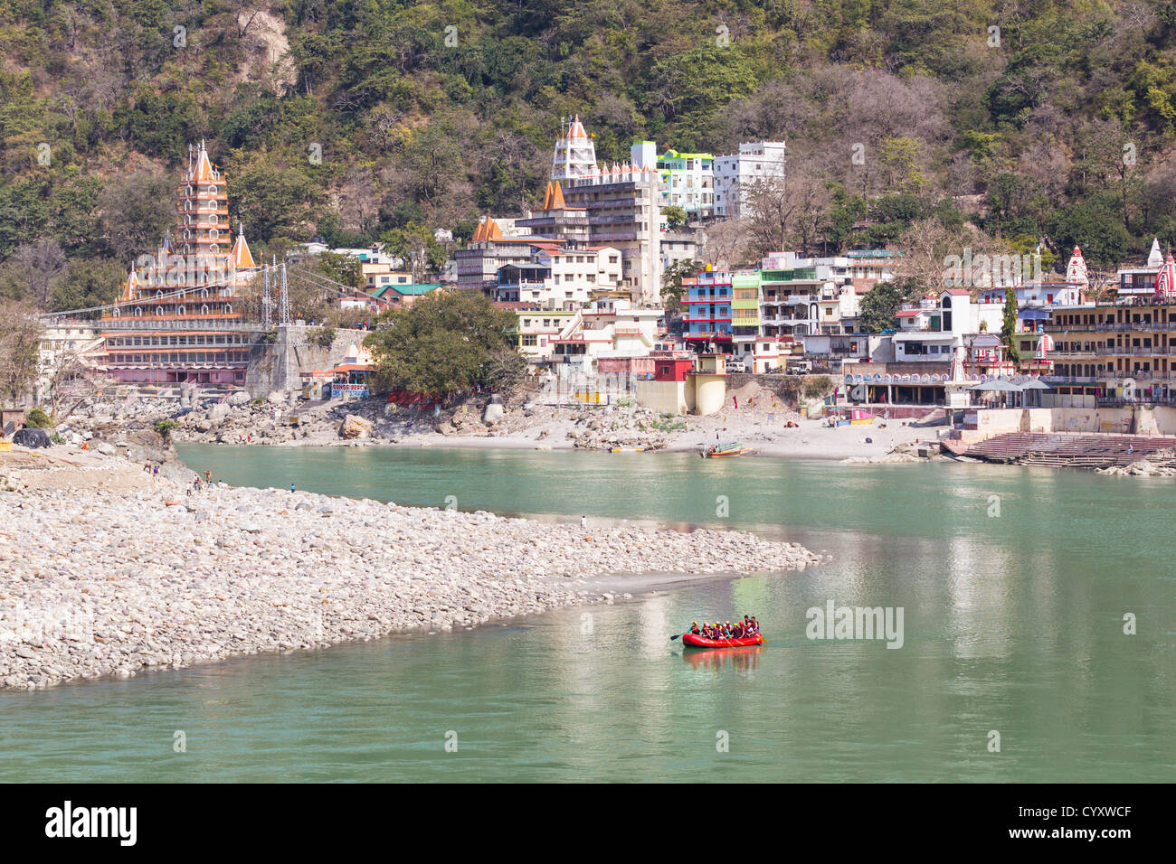 India, Uttarakhand, Rishikesh, View of Swarg Niwas Temple at River ...