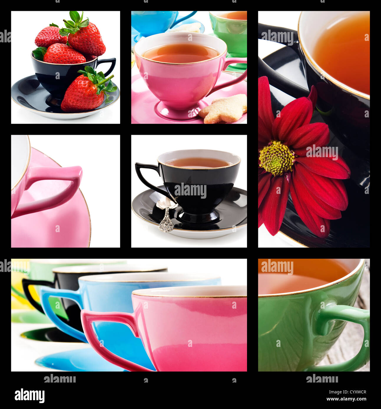 Collage of teacups in different colors on white background Stock Photo ...