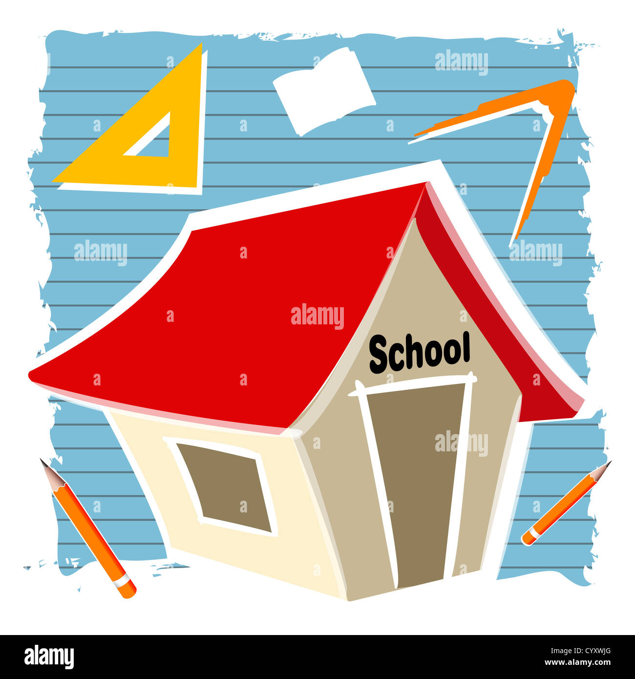 illustration of school building with education elements Stock Photo - Alamy