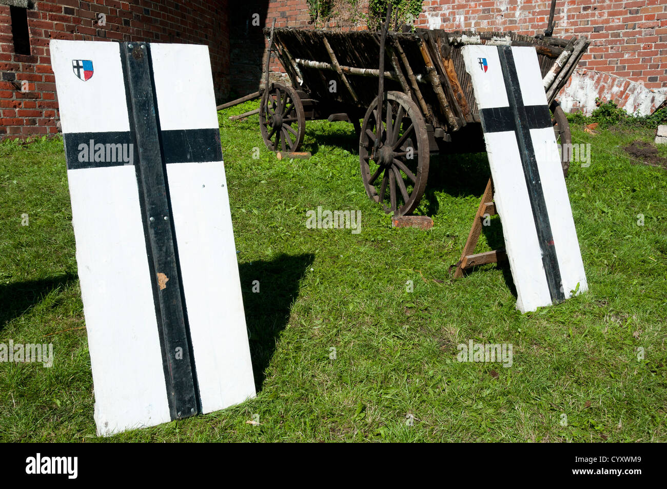 Medieval shields in front of Teutonic castle (14th century) in Malbork ...