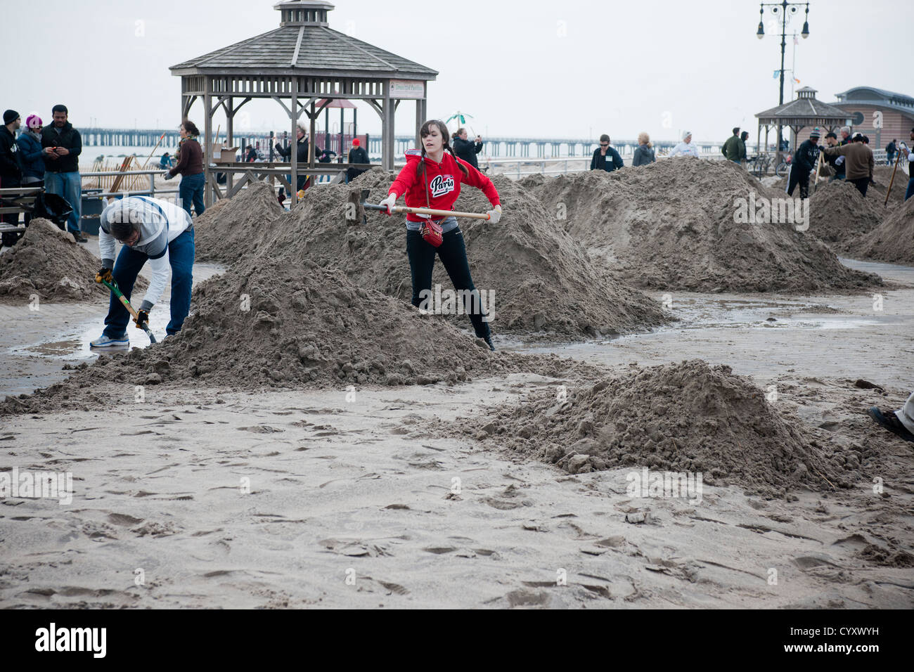 Volunteers clean up debris and sand deposited by Hurricane Sandy from ...