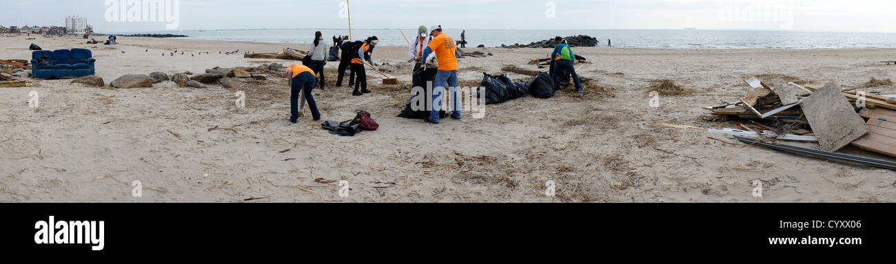 Volunteers clean up debris and sand deposited by Hurricane Sandy from ...