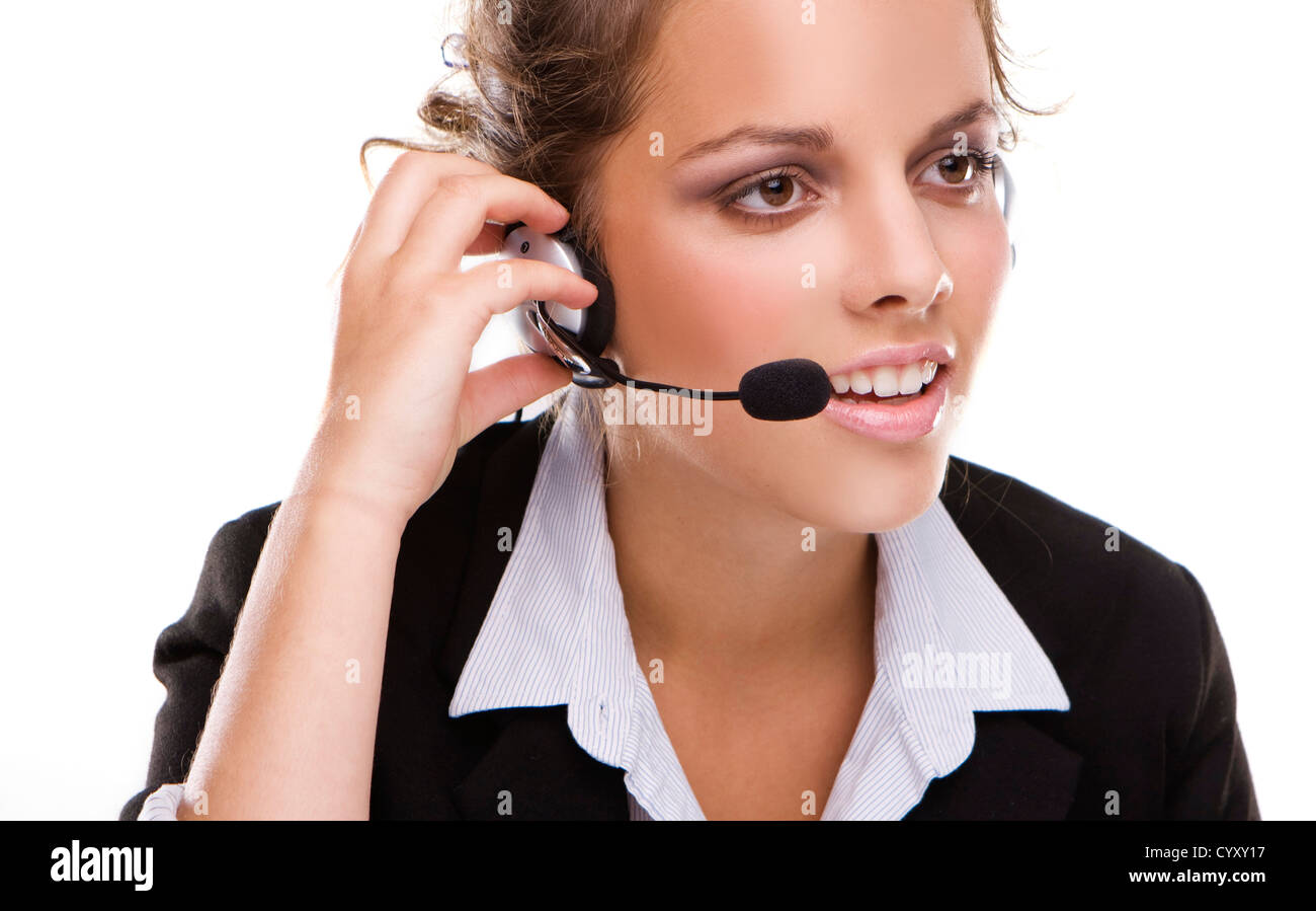 Young customer service advisor with headphone on white background Stock ...