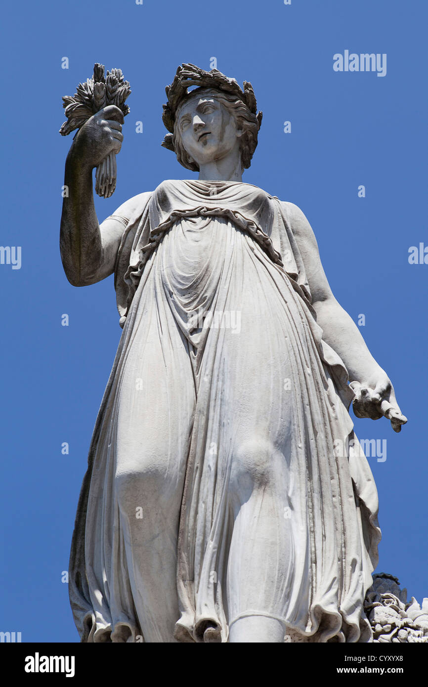 Italy, Lazio, Rome, Statue of a female figure at the Piazza del Popolo ...