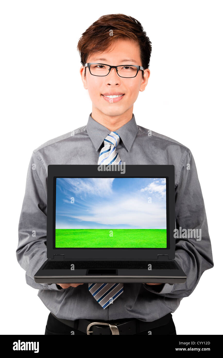 Young businessman introduction and sales laptops Stock Photo - Alamy