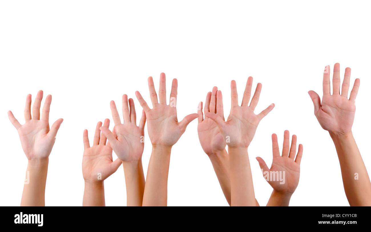 All people raise hands.Isolated with white background Stock Photo - Alamy