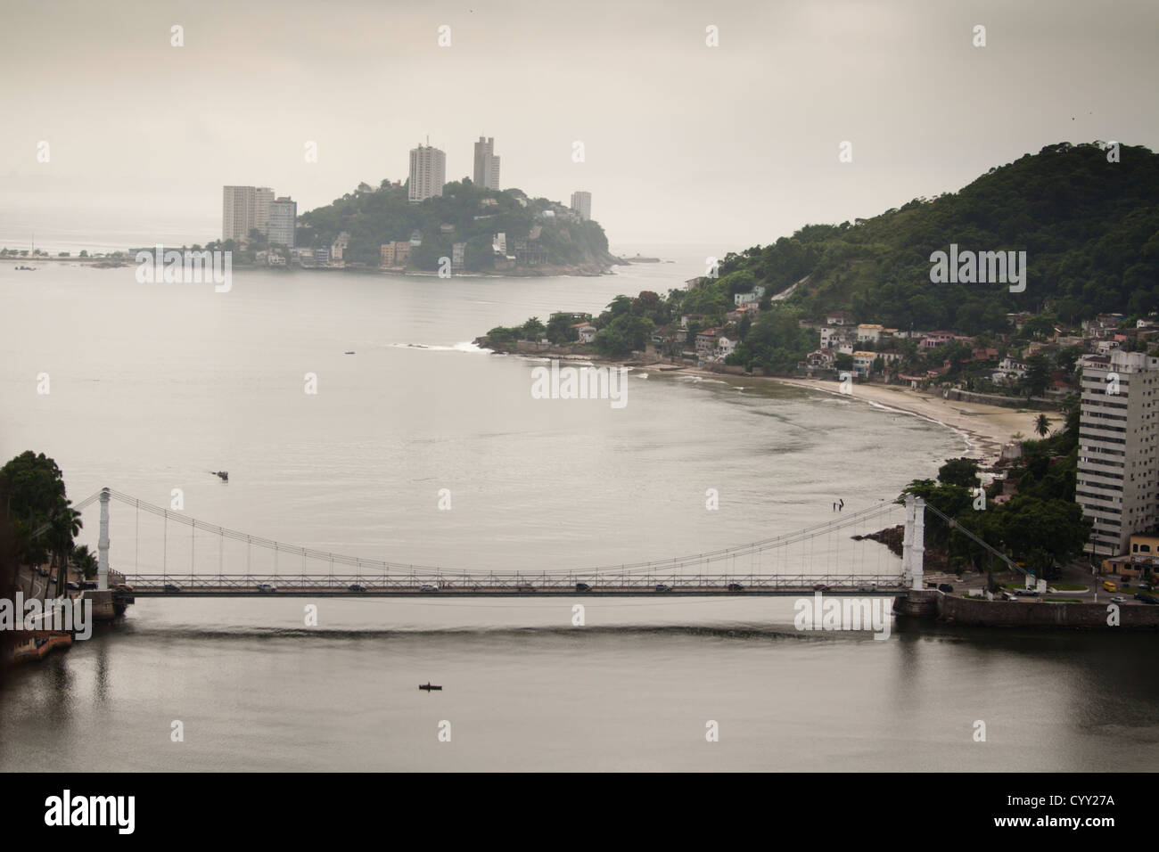 aerial view of Suspension Bridge (Ponte Pensil) between São Vicente and ...