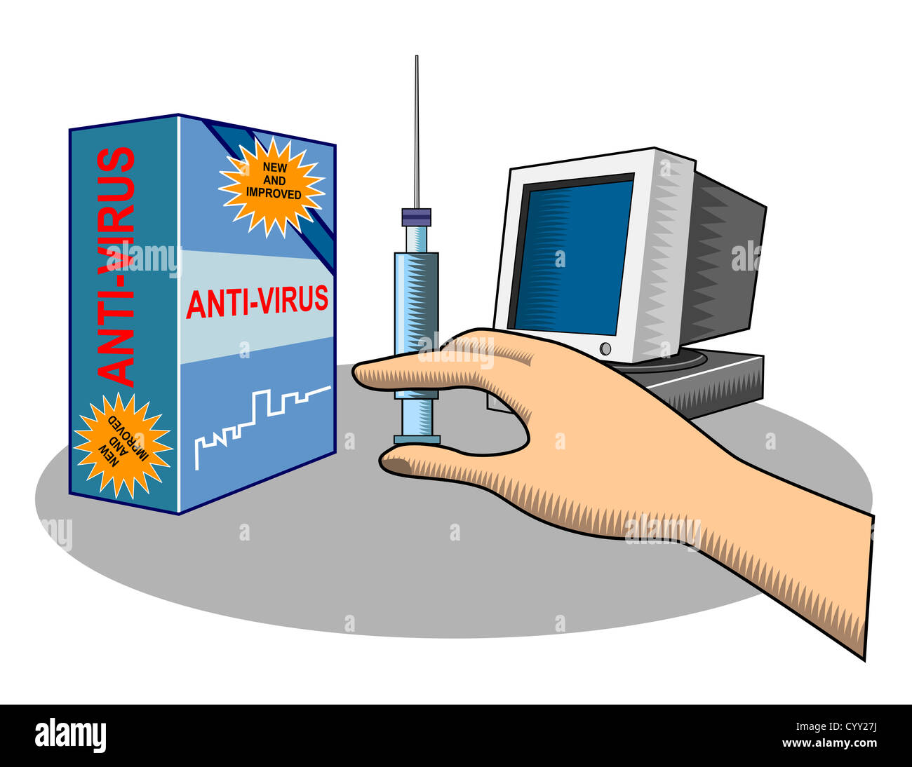 Illustration of a hand holding injection needle with computer monitor ...