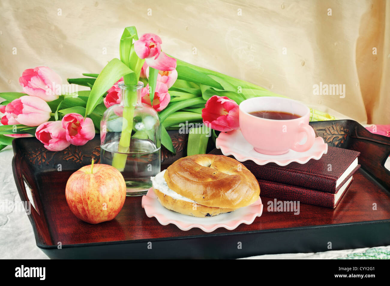 Breakfast tray with hot coffee, flowers and food. Shallow DOF Stock ...