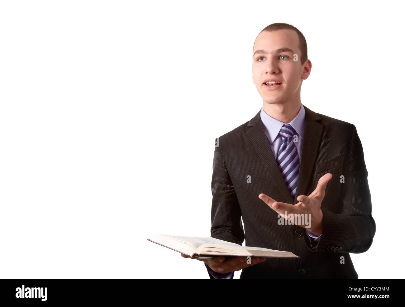 Young man preach the Gospel in front of a white background Stock Photo ...