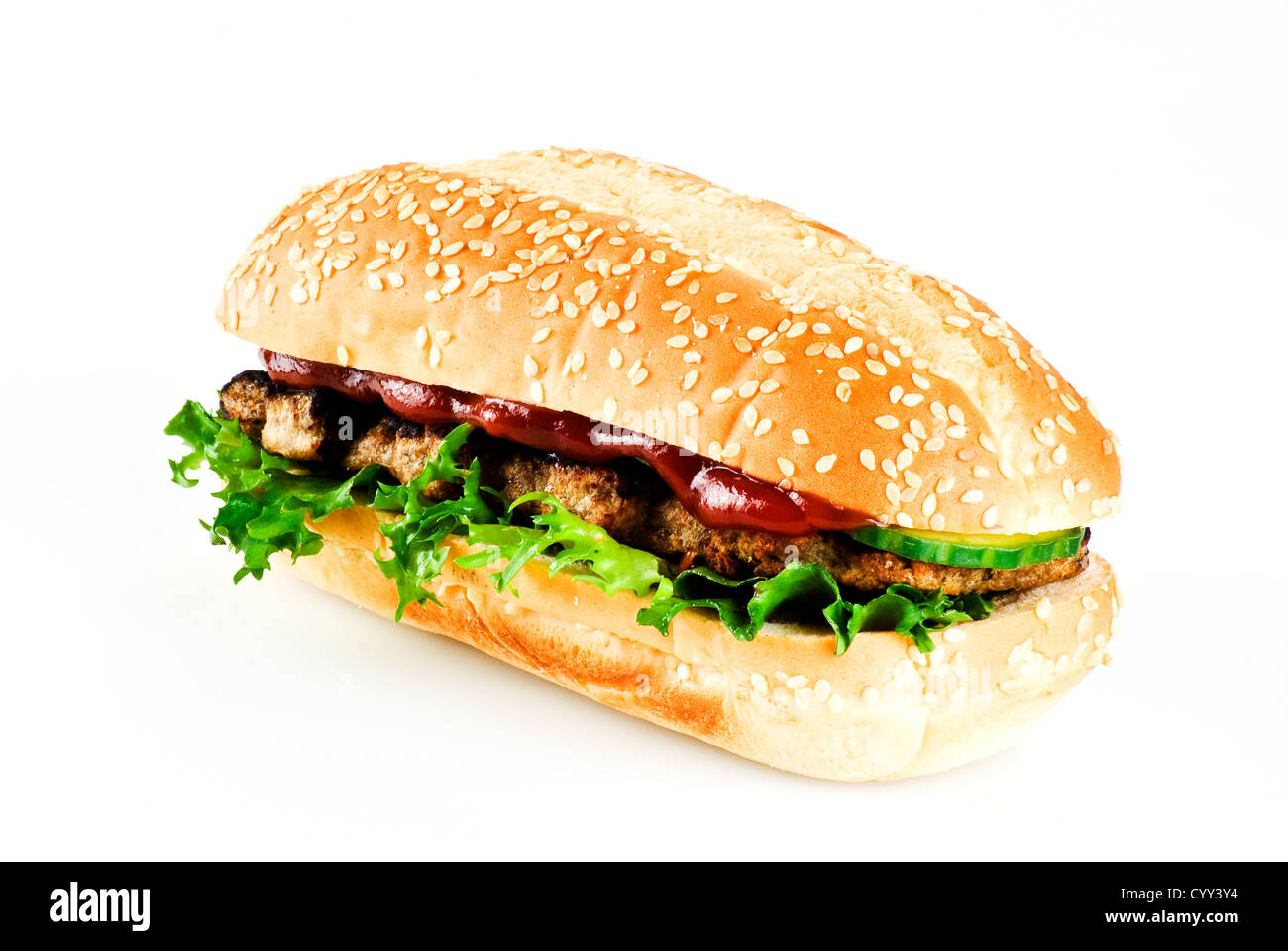 Ribeye steak in sesame seed bun isolated over white background Stock ...
