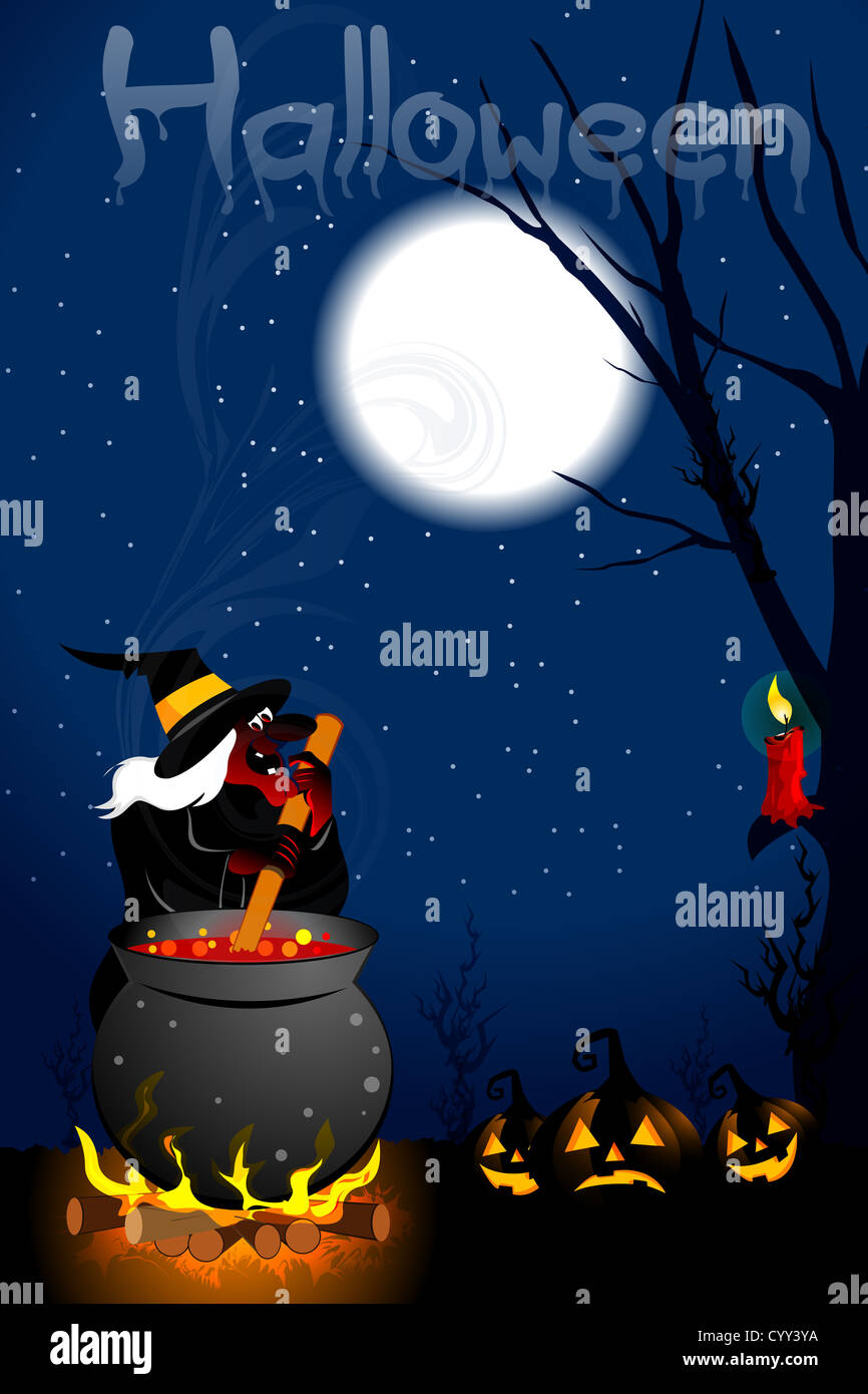 illustration of scary witch cooking in halloween night Stock Photo - Alamy