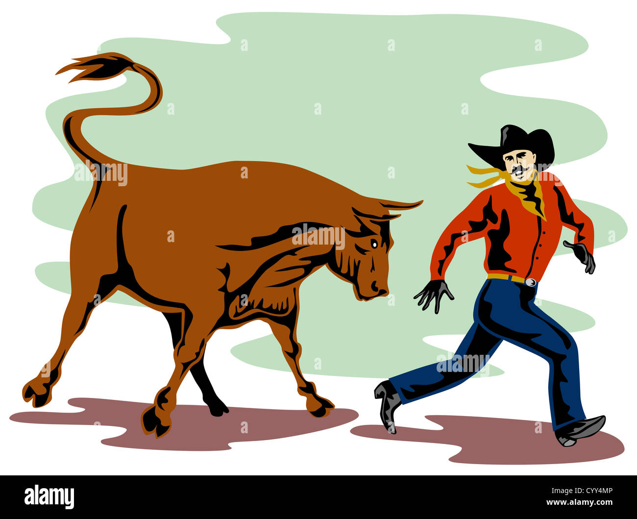 Illustration of a raging bull charging attacking a cowboy rodeo Stock ...