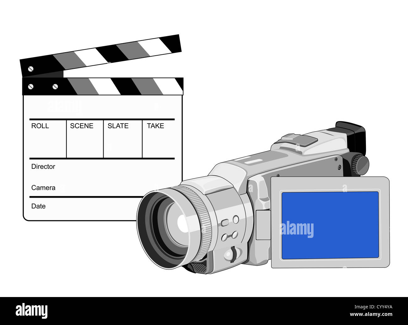 Illustration of a video camera with movie clapboard clapper board done ...