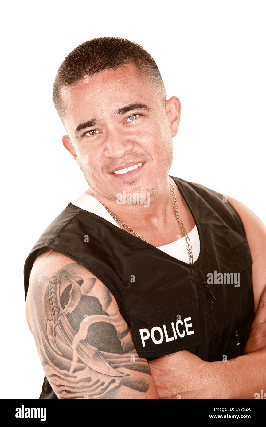 Portrait of handsome Hispanic Cop in Bullet-Proof Vest on White ...
