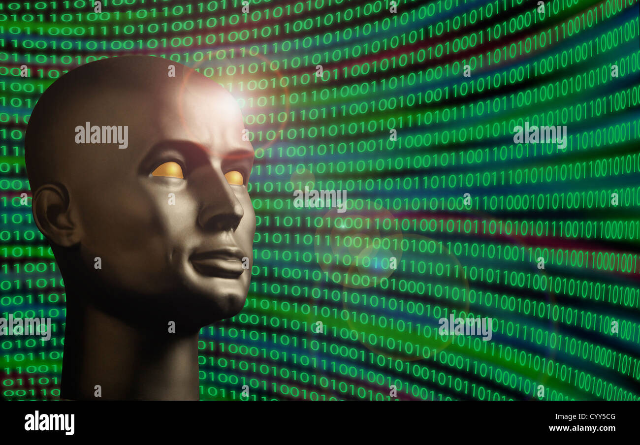 Mannequin head monitoring binary computer code Stock Photo - Alamy
